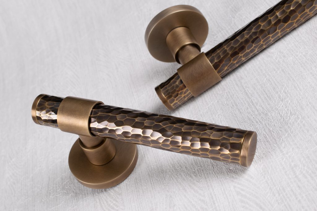 Barrel Stepped Solid Hammered Door Lever BH3088_Burnished Brass (1) - Turnstyle Designs